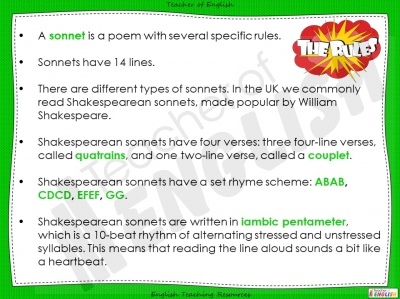 Sonnets - Year 7 & Year 8 teaching resources lesson